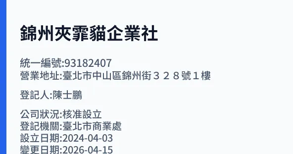 錦州夾霏貓企業社的照片-統編 93182407(臺北市) 公司登記資料與營業項目詳細圖表