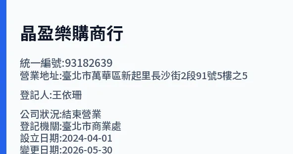 晶盈樂購商行的照片-統編 93182639(臺北市) 公司登記資料與營業項目詳細圖表