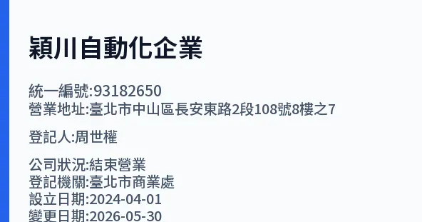 穎川自動化企業的照片-統編 93182650(臺北市) 公司登記資料與營業項目詳細圖表