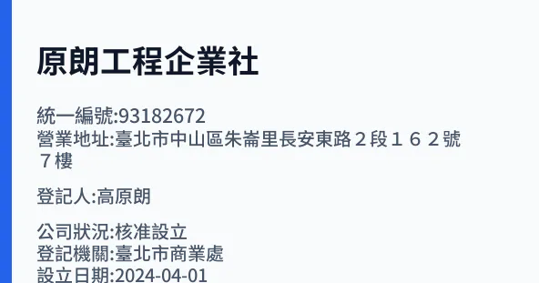 原朗工程企業社的照片-統編 93182672(臺北市) 公司登記資料與營業項目詳細圖表