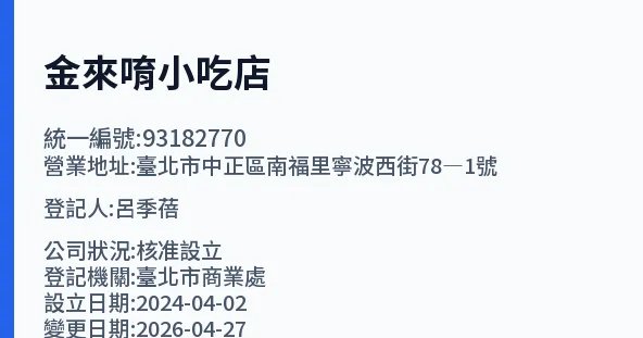 金來唷小吃店的照片-統編 93182770(臺北市) 公司登記資料與營業項目詳細圖表