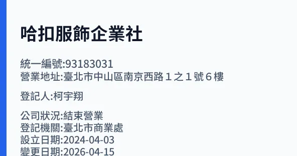 哈扣服飾企業社的照片-統編 93183031(臺北市) 公司登記資料與營業項目詳細圖表