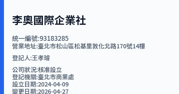 李奧國際企業社的照片-統編 93183285(臺北市) 公司登記資料與營業項目詳細圖表