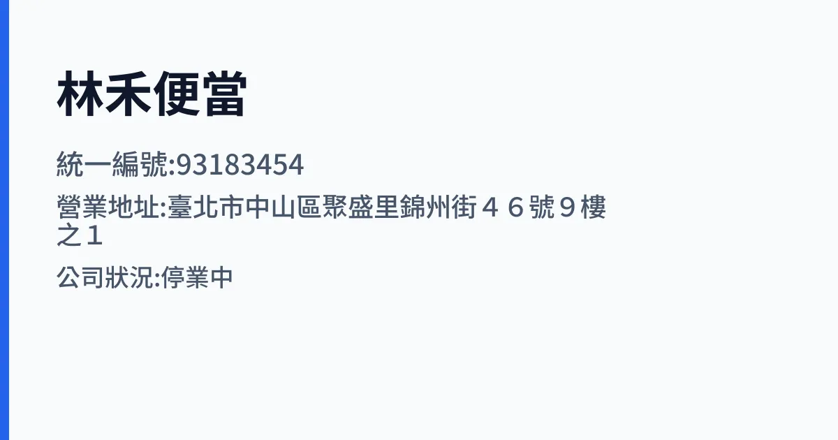 林禾便當 - 統編 93183454(臺北市) 公司登記資料與營業項目詳細圖表