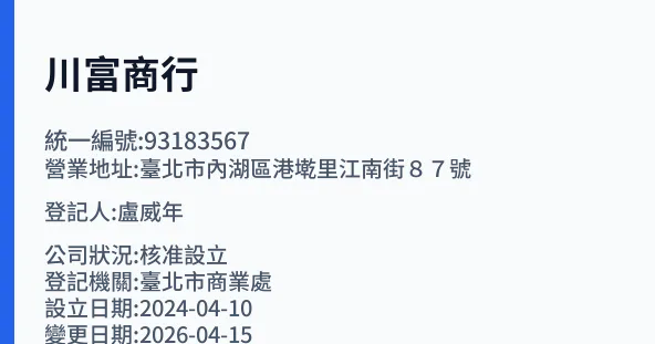 川富商行的照片-統編 93183567(臺北市) 公司登記資料與營業項目詳細圖表