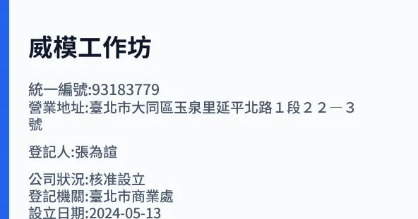 威模工作坊的照片-統編 93183779(臺北市) 公司登記資料與營業項目詳細圖表