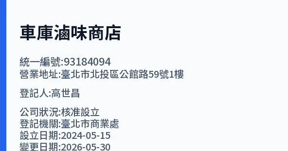 車庫滷味商店的照片-統編 93184094(臺北市) 公司登記資料與營業項目詳細圖表