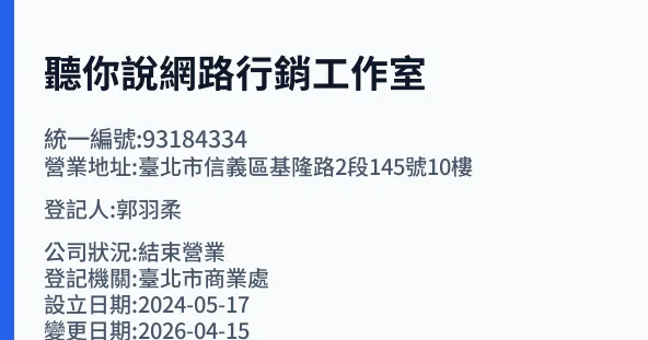 聽你說網路行銷工作室的照片-統編 93184334(臺北市) 公司登記資料與營業項目詳細圖表