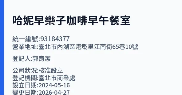 哈妮早樂子咖啡早午餐室的照片-統編 93184377(臺北市) 公司登記資料與營業項目詳細圖表
