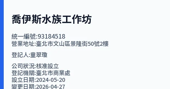 喬伊斯水族工作坊的照片-統編 93184518(臺北市) 公司登記資料與營業項目詳細圖表