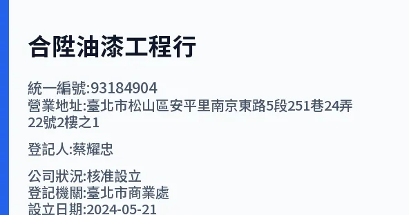 合陞油漆工程行的照片-統編 93184904(臺北市) 公司登記資料與營業項目詳細圖表