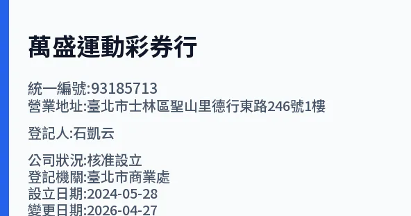 萬盛運動彩券行的照片-統編 93185713(臺北市) 公司登記資料與營業項目詳細圖表