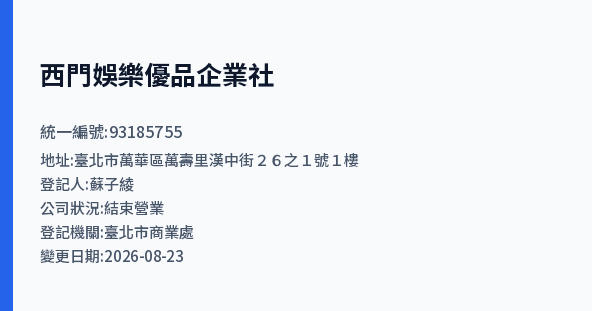 西門娛樂優品企業社的照片-統編 93185755(臺北市) 公司登記資料與營業項目詳細圖表