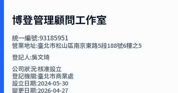 博登管理顧問工作室的照片-統編 93185951(臺北市) 公司登記資料與營業項目詳細圖表