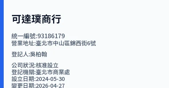 可達璞商行的照片-統編 93186179(臺北市) 公司登記資料與營業項目詳細圖表