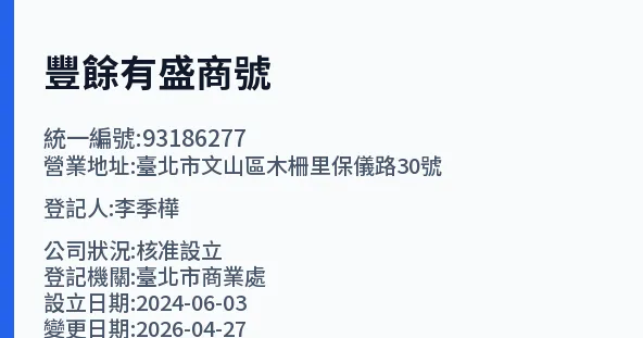 豐餘有盛商號的照片-統編 93186277(臺北市) 公司登記資料與營業項目詳細圖表