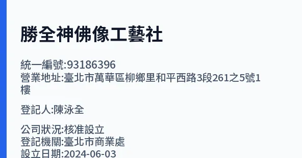 勝全神佛像工藝社的照片-統編 93186396(臺北市) 公司登記資料與營業項目詳細圖表