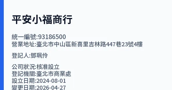 平安小福商行的照片-統編 93186500(臺北市) 公司登記資料與營業項目詳細圖表