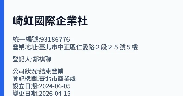 崎虹國際企業社的照片-統編 93186776(臺北市) 公司登記資料與營業項目詳細圖表