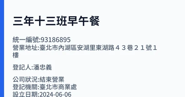 三年十三班早午餐的照片-統編 93186895(臺北市) 公司登記資料與營業項目詳細圖表