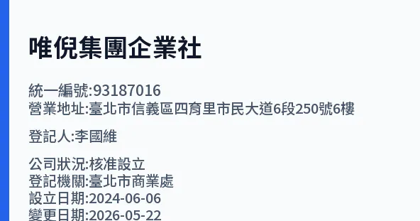 唯倪集團企業社的照片-統編 93187016(臺北市) 公司登記資料與營業項目詳細圖表
