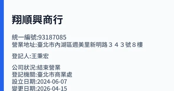 翔順興商行的照片-統編 93187085(臺北市) 公司登記資料與營業項目詳細圖表