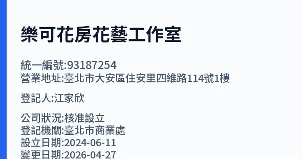 樂可花房花藝工作室的照片-統編 93187254(臺北市) 公司登記資料與營業項目詳細圖表