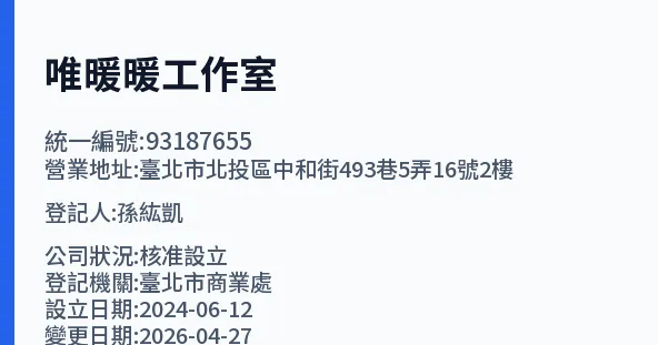 唯暖暖工作室的照片-統編 93187655(臺北市) 公司登記資料與營業項目詳細圖表
