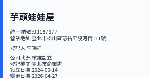 芋頭娃娃屋的照片-統編 93187677(臺北市) 公司登記資料與營業項目詳細圖表