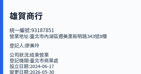 雄賀商行的照片-統編 93187851(臺北市) 公司登記資料與營業項目詳細圖表