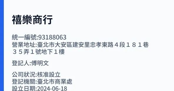 禧樂商行的照片-統編 93188063(臺北市) 公司登記資料與營業項目詳細圖表