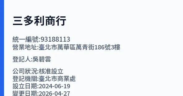 三多利商行的照片-統編 93188113(臺北市) 公司登記資料與營業項目詳細圖表