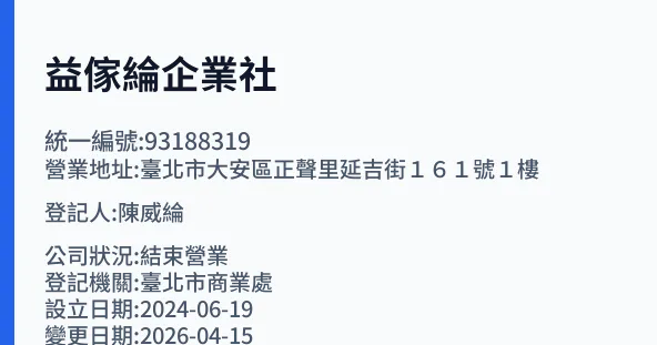 益傢綸企業社的照片-統編 93188319(臺北市) 公司登記資料與營業項目詳細圖表