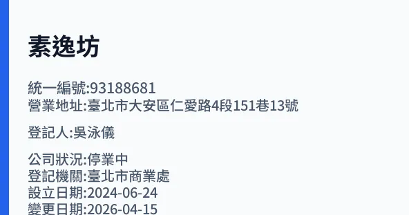 素逸坊的照片-統編 93188681(臺北市) 公司登記資料與營業項目詳細圖表