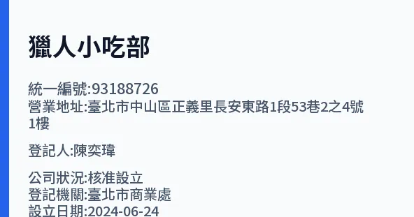 獵人小吃部的照片-統編 93188726(臺北市) 公司登記資料與營業項目詳細圖表