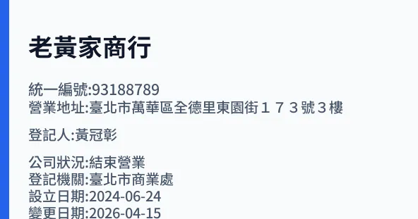 老黃家商行的照片-統編 93188789(臺北市) 公司登記資料與營業項目詳細圖表