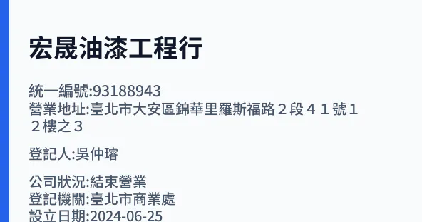 宏晟油漆工程行的照片-統編 93188943(臺北市) 公司登記資料與營業項目詳細圖表