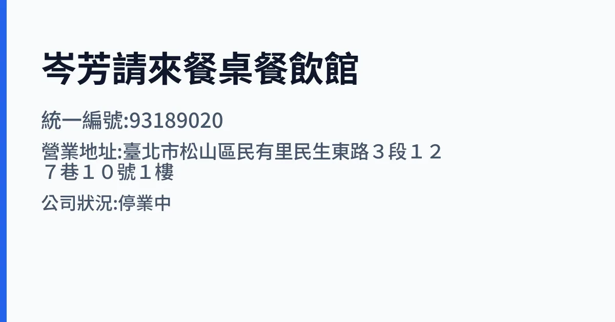 岑芳請來餐桌餐飲館 - 統編 93189020(臺北市) 公司登記資料與營業項目詳細圖表