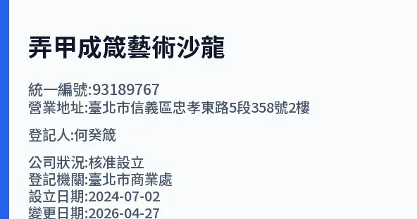 弄甲成箴藝術沙龍的照片-統編 93189767(臺北市) 公司登記資料與營業項目詳細圖表