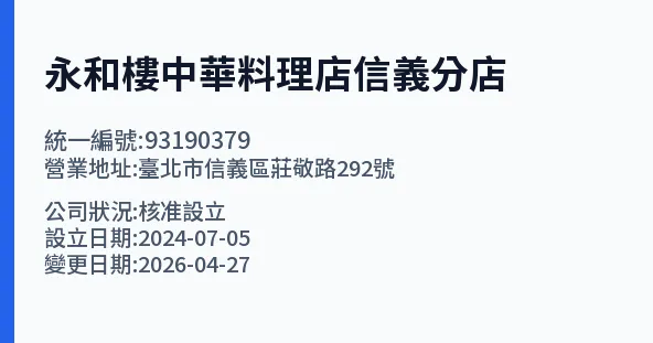 永和樓中華料理店信義分店的照片-統編 93190379(臺北市) 公司登記資料與營業項目詳細圖表