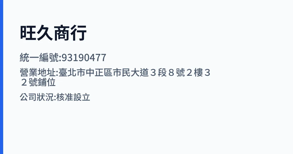 旺久商行 - 統編 93190477(臺北市) 公司登記資料與營業項目詳細圖表