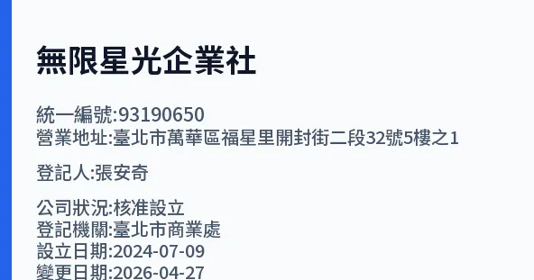 無限星光企業社的照片-統編 93190650(臺北市) 公司登記資料與營業項目詳細圖表