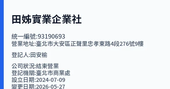 田姊實業企業社的照片-統編 93190693(臺北市) 公司登記資料與營業項目詳細圖表