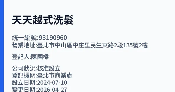 天天越式洗髮的照片-統編 93190960(臺北市) 公司登記資料與營業項目詳細圖表