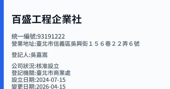 百盛工程企業社的照片-統編 93191222(臺北市) 公司登記資料與營業項目詳細圖表