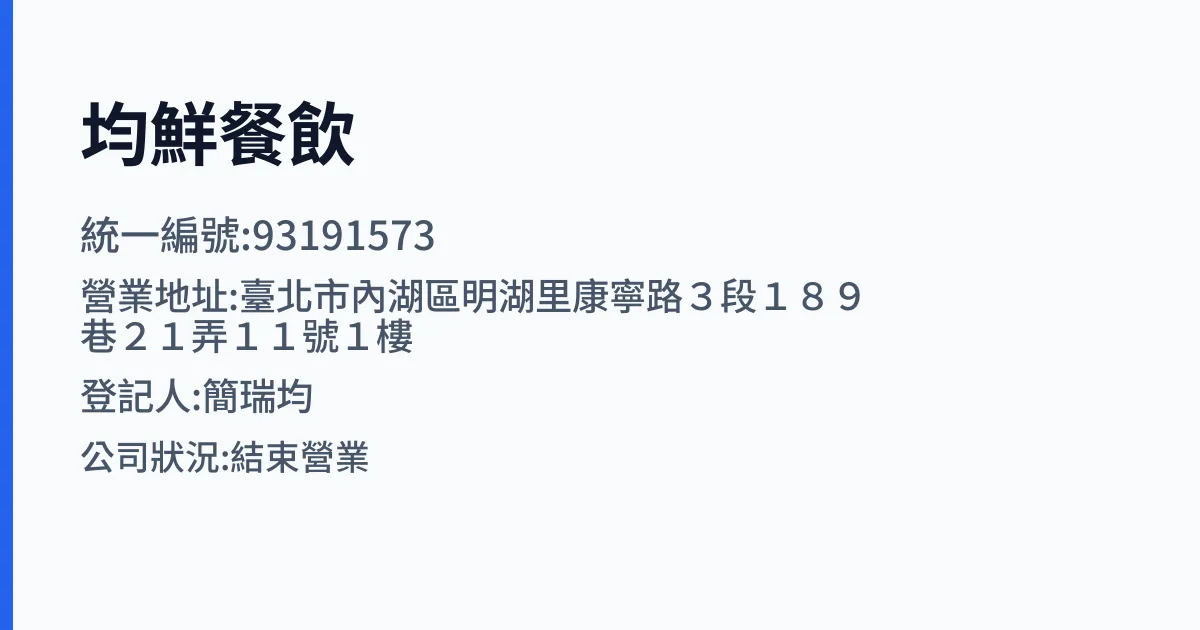 均鮮餐飲 - 統編 93191573(臺北市) 公司登記資料與營業項目詳細圖表