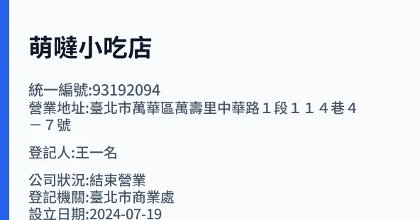 萌噠小吃店的照片-統編 93192094(臺北市) 公司登記資料與營業項目詳細圖表