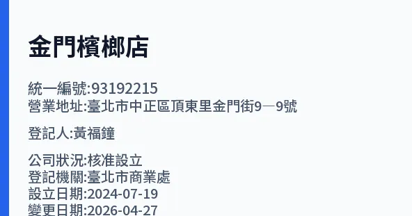 金門檳榔店的照片-統編 93192215(臺北市) 公司登記資料與營業項目詳細圖表