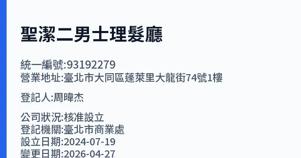 聖潔二男士理髮廳的照片-統編 93192279(臺北市) 公司登記資料與營業項目詳細圖表