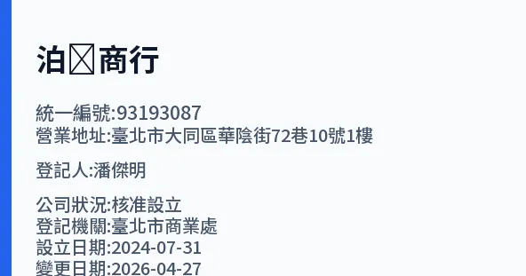 泊汢商行的照片-統編 93193087(臺北市) 公司登記資料與營業項目詳細圖表